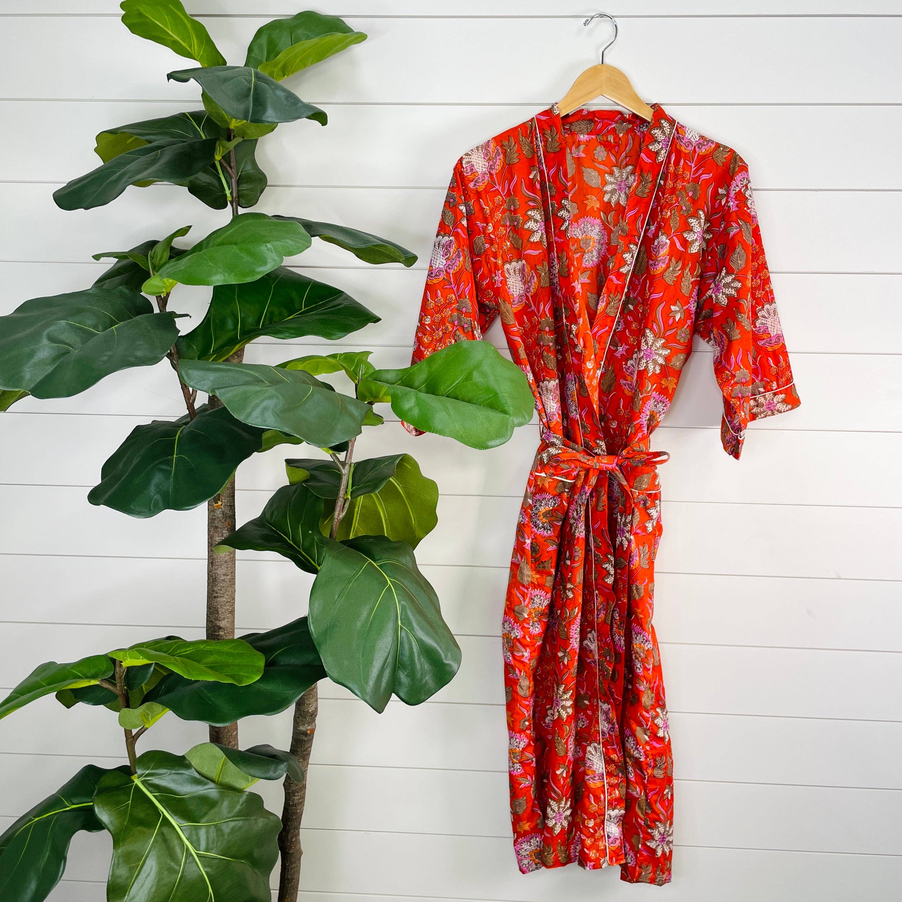Tangerine -100% Cotton Indian Block Printed Kimono Robe- Gray Bird Lab ...